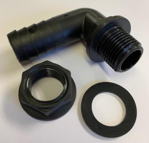 1/2" BSP - 20mm Barb Angled Tank Fitting with Seal and Nut